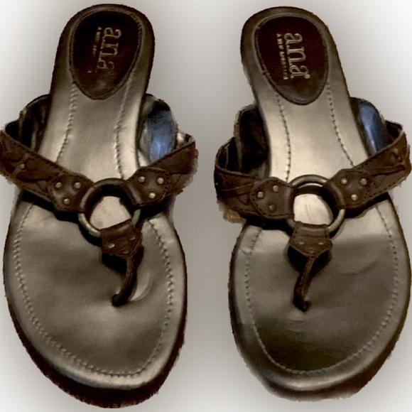 a.n.a | Shoes | Ana Brown Leather Bronze Brass Thong Low Wedge Sandals ...